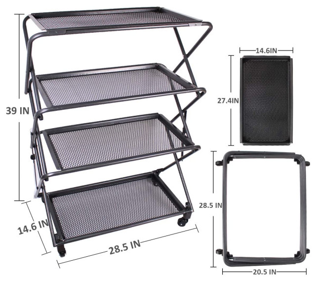 Zenree 4-Tier Folding Kitchen Shelf, Removable Mesh Trays, Black, 39 ...
