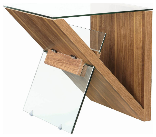 Glass Top End Table with V Shaped Wooden Base, Clear and Brown ...