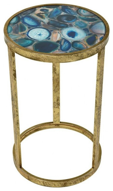 Rustic Glass Top Accent Table in Blue Agate Finish Metal Drum Base 11.75 inches - Contemporary ...