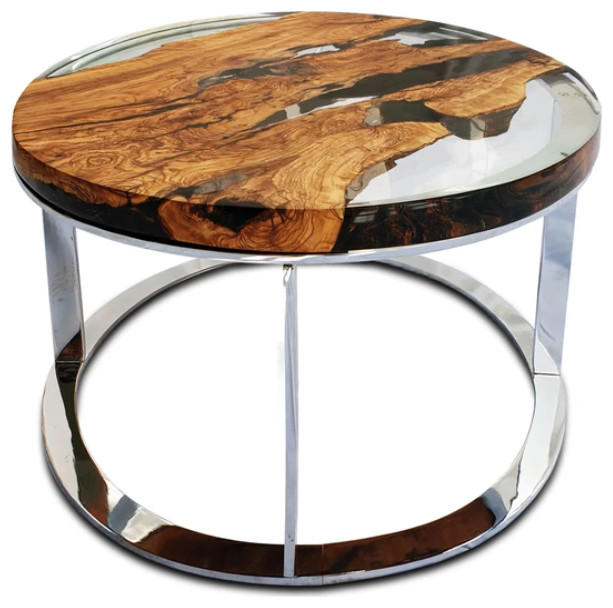 Rustic Olive Wood Round Coffee Table, Epoxy Resin and Wood ...