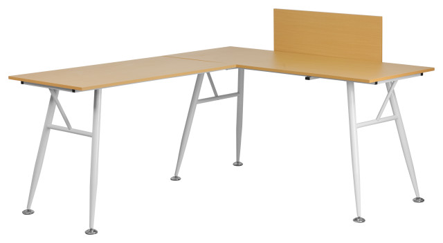 Beech Laminate L-Shape Computer Desk with White Metal Frame ...