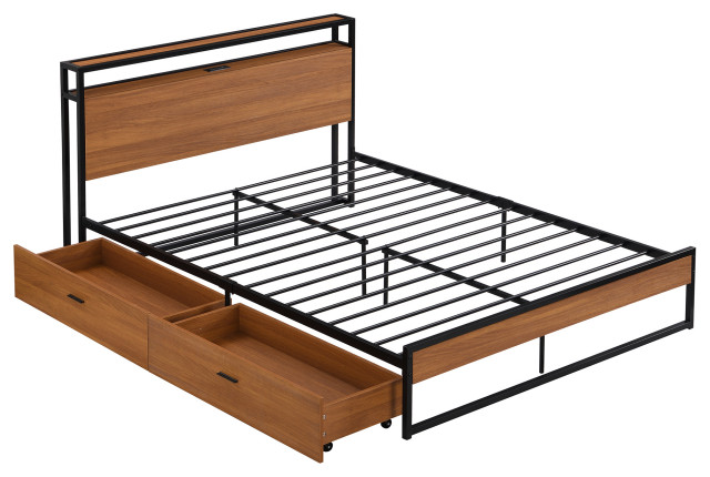 Full/Queen Metal Frame Wood Platform Bed with Two Drawers,Sockets and USB Ports, Queen ...