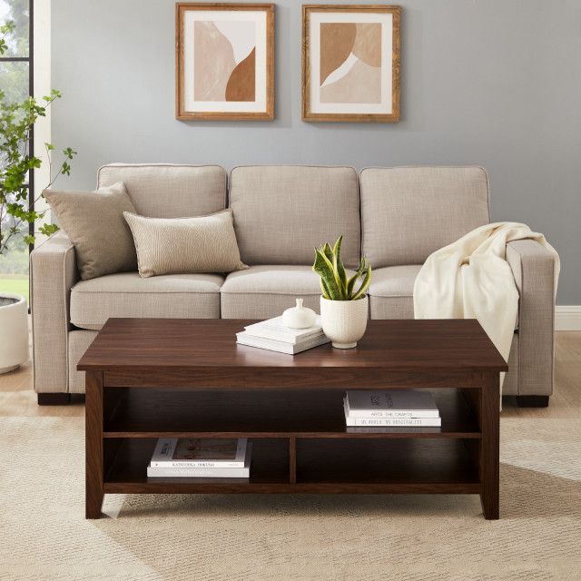 Modern Coffee Table with Grooved Side Panels and Spacious Shelves ...