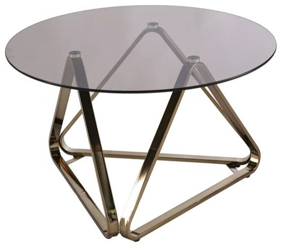 Modern Round Glass Coffee Table with Geometric Champagne and Black Base ...