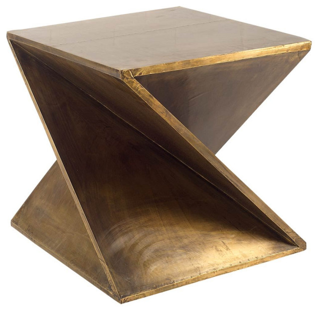 Zelda Gold Metal-Cladded Solid Wood Z-Shaped Accent Table ...