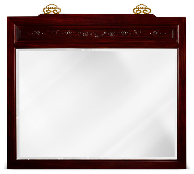 Dark Cherry Elmwood Flower and Bird Asian Wall Mirror - Asian - Wall ...