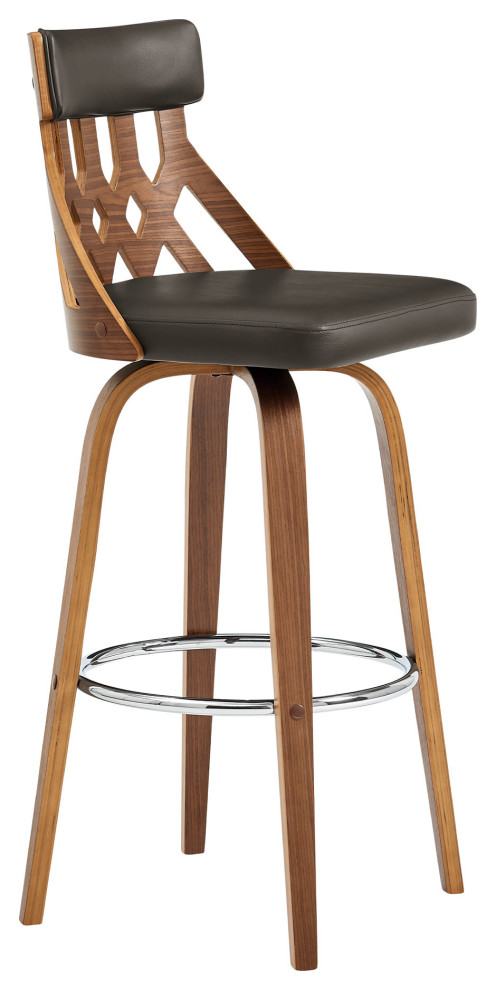 26" Brown Faux Leather Curved Back Walnut Wood Swivel Bar Stool ...