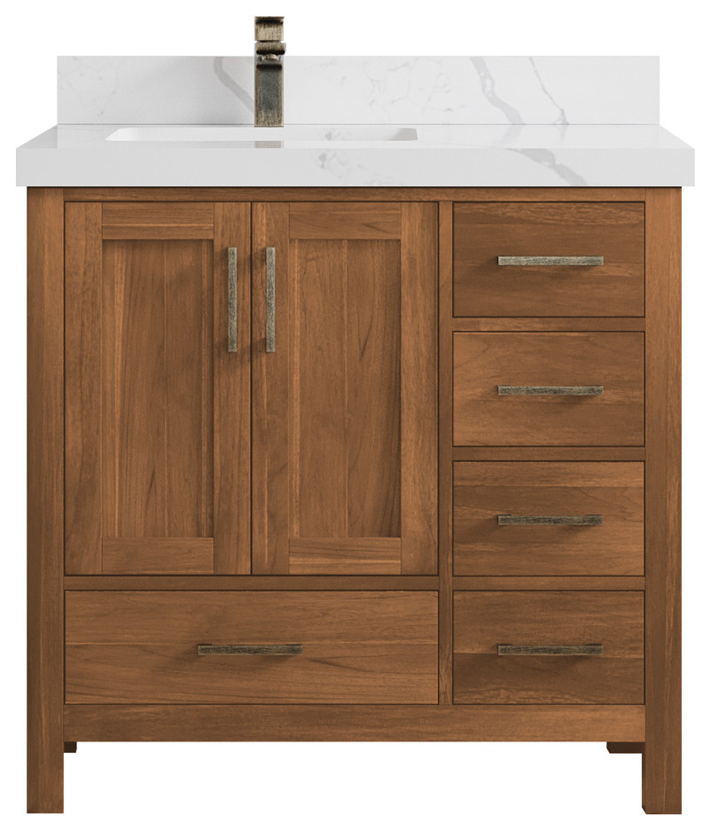 Malibu Teak 36 Left Offset Bath Vanity in Golden Teak 2" Calacatta Laza ...