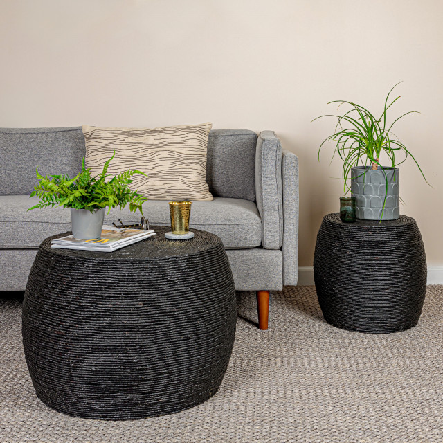 Round Handwoven Corn Rope Barrel Side Table, Black - Tropical - Side ...