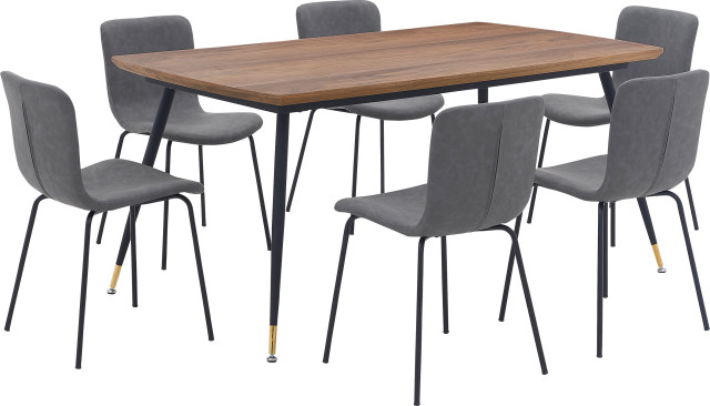 Messi and Gillian 7 Piece Leather and Walnut Dining Set - Midcentury ...