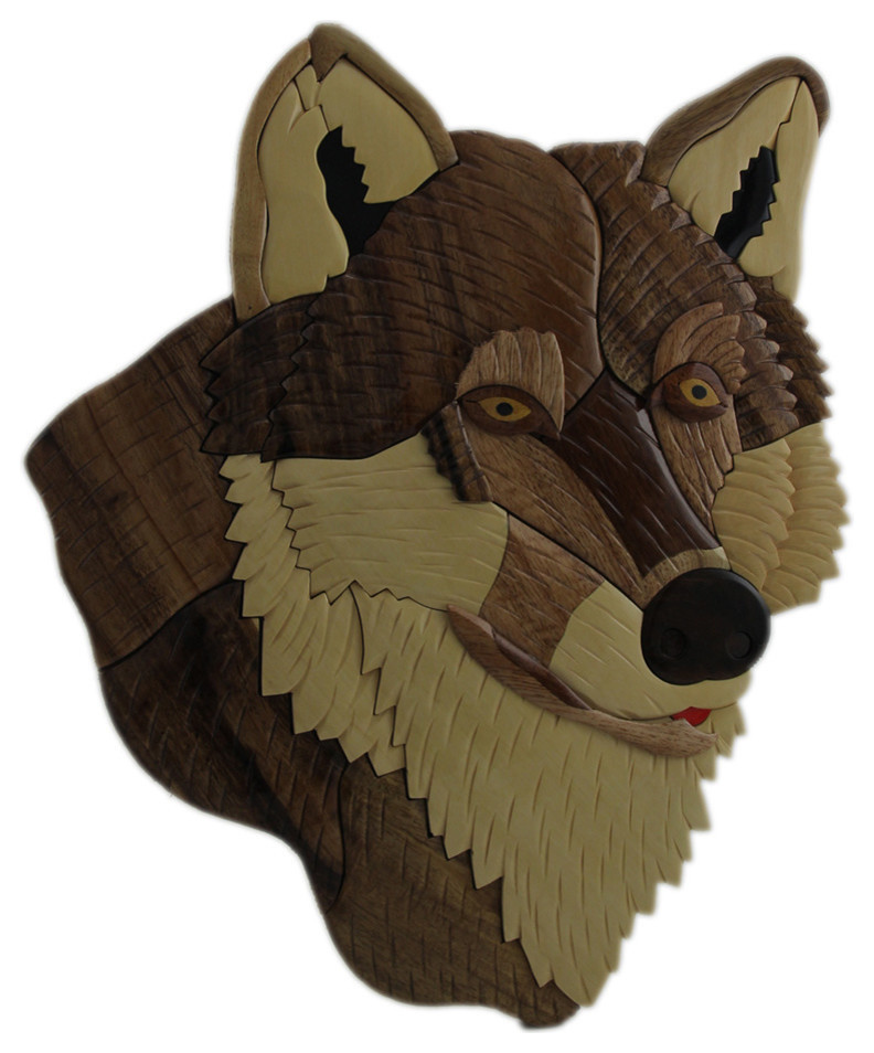 Hand Carved Intarsia Wolf Head Wood Art Wall Hanging - Rustic - Wall ...