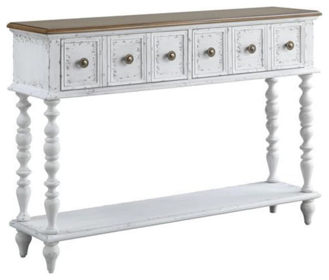 48" 2 Drawer Console Table, Turned Legs, Distressed White - French ...