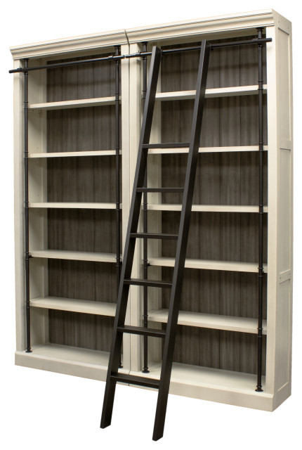 Fully Assembled 8' Tall Bookcase Wall With Ladder, Aged Chateau White ...