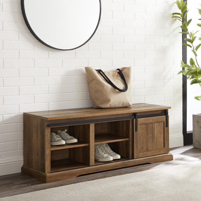 48" Sliding Grooved Door Entry Bench, Reclaimed Barnwood - Industrial ...