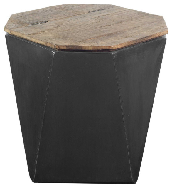 HomeRoots Black Metal and Natural Wood Hinged-Top Side Table, 19.3L x ...