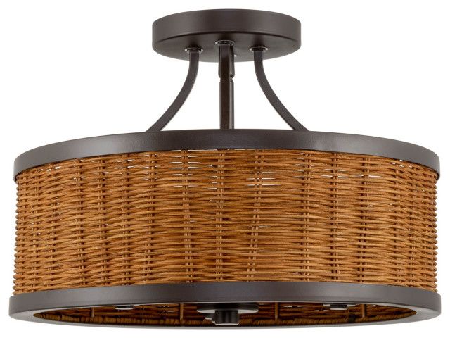 Kira Home Zora 15" Ceiling Light, Rattan Wicker Drum Shade, Oil Rubbed ...