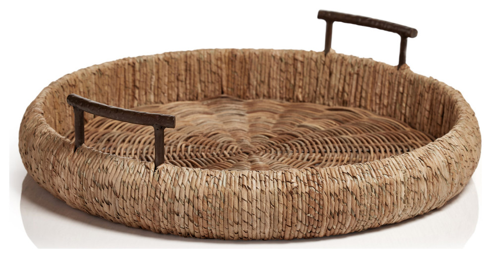 Willa Seagrass Single Rope Round Tray With Metal Handles - Beach Style ...