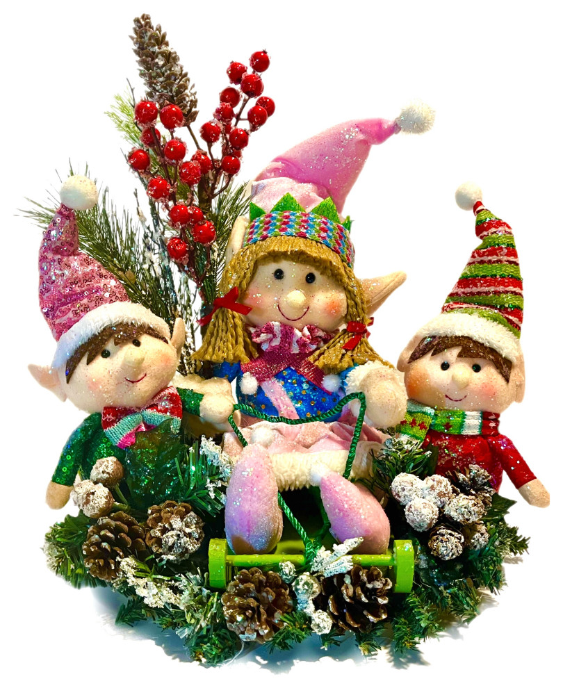 Elf Winter Christmas Centerpiece Arrangement Pine Tree Wood Sled Table ...