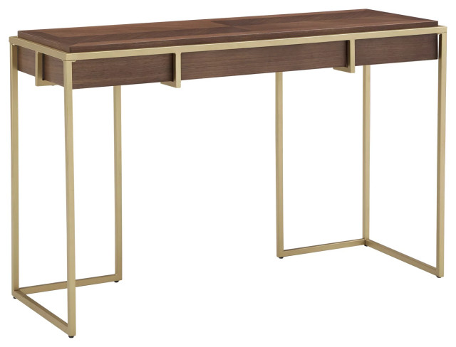 Mid Century Modern Desk, Golden Metal Frame With Wooden Top & Drawer ...