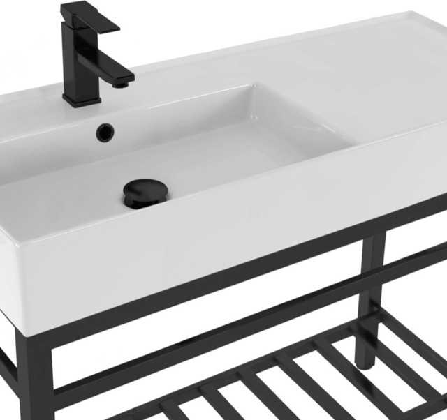 Modern Ceramic Console Sink With Counter Space and Matte Black Base ...