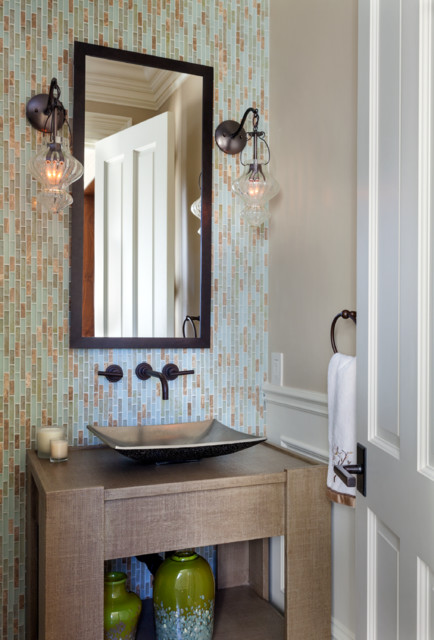 Powder Room with Glass Tile to Ceiling - Traditional - Powder Room ...