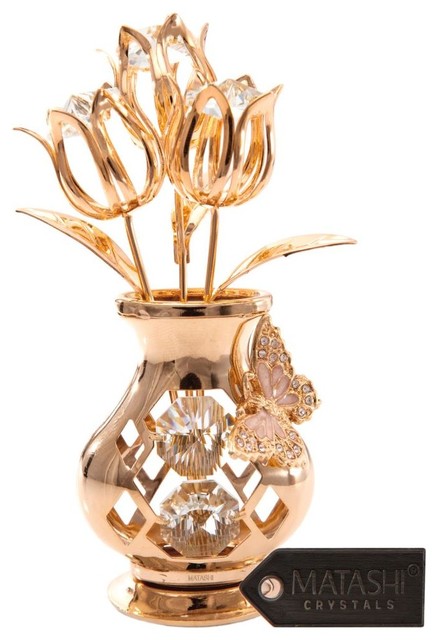 24K Gold Plated Crystal Flower Ornament in a Vase w/ Butterfly by ...
