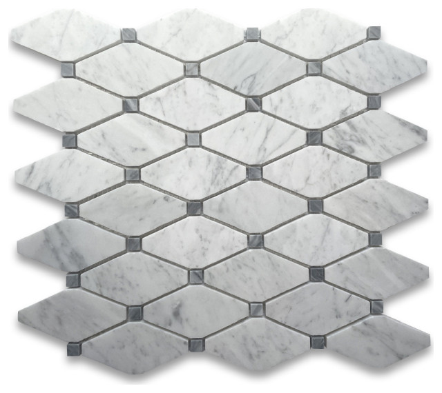 Carrara Marble Long Octave Rhomboid Mosaic Tile Dark Gray Dots Honed, 1 ...