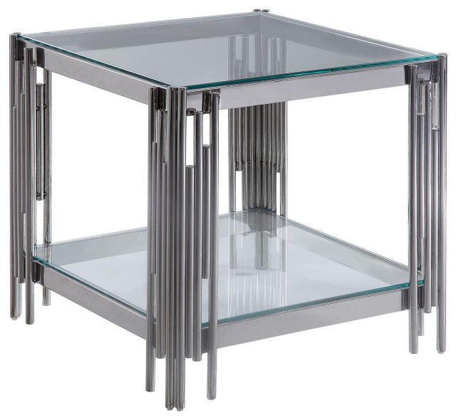 Glass Top Square End Table with Pipe Design Tubular Base, Chrome and ...