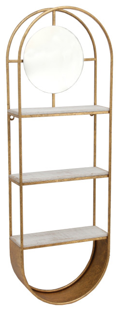 Obround Shape Metal Wall Shelf with 3 Display Space, Gold and White ...