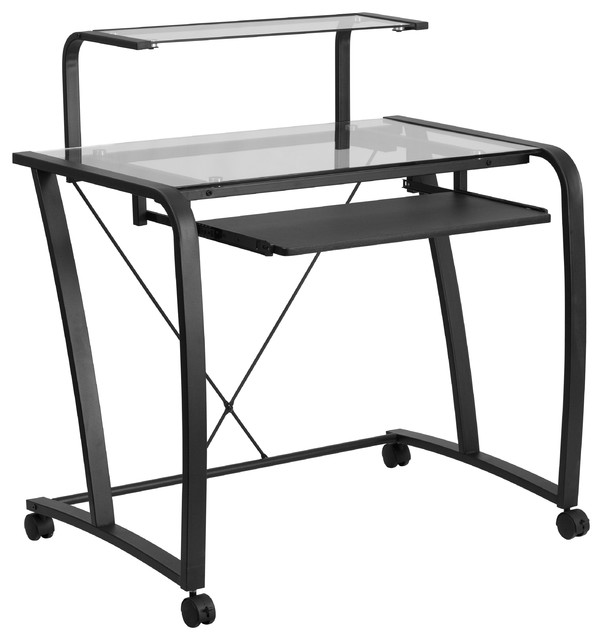 MFO Mobile Glass Computer Desk with Pull-Out Keyboard Tray and Monitor ...