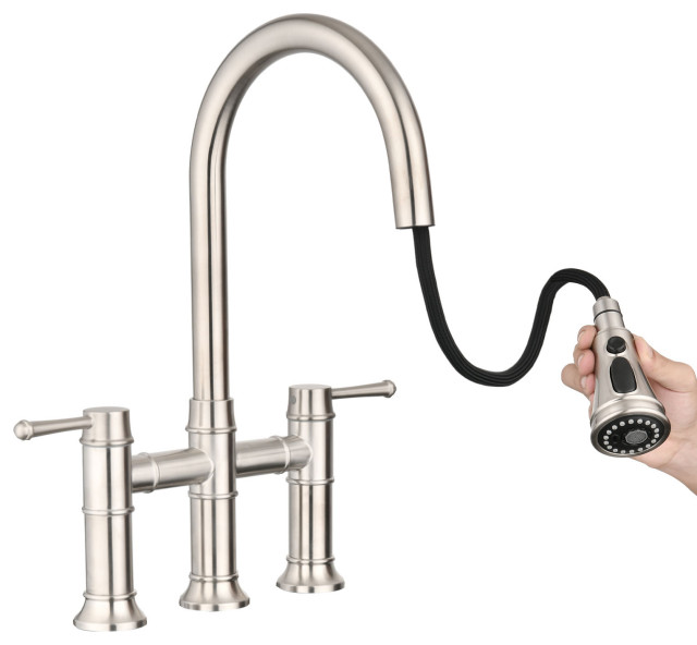 Traditional Double Handle Bridge Kitchen Faucet with Pull-Down ...