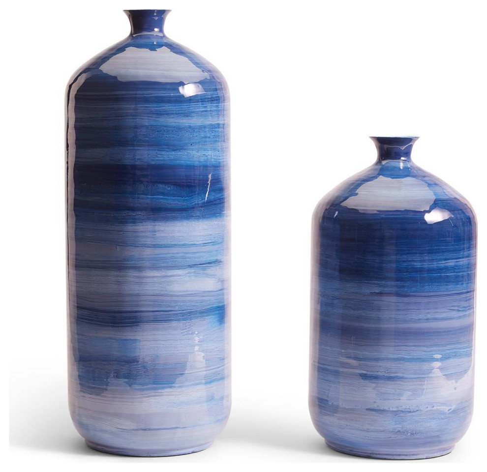 Two's Company Stria Set of 2 Blue Tone Enamel Decorative Vases ...
