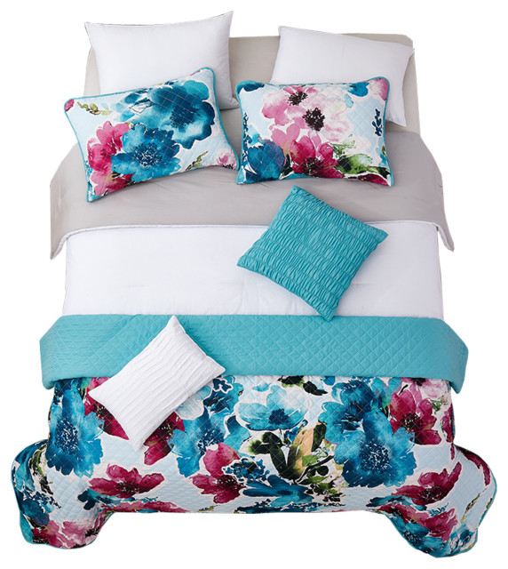 6 Piece Twin Size Fabric Comforter Set with Floral Prints, Multicolor ...