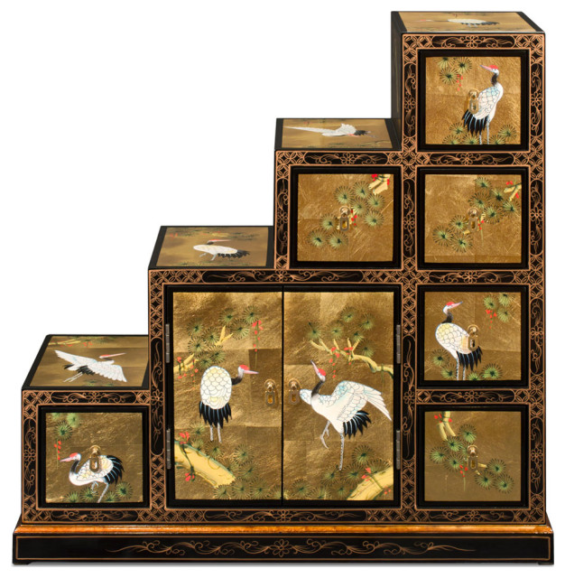 Gold Leaf Hand Painted Crane Motif Japanese Step Tansu Cabinet - Asian ...