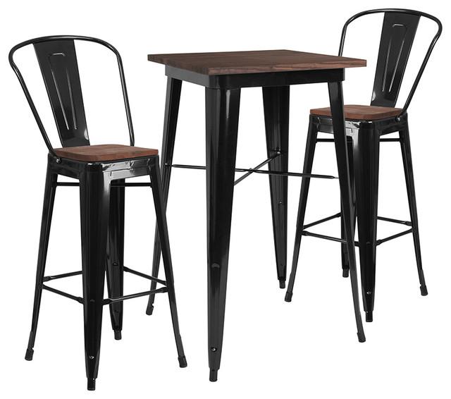 23.5" Square Metal Bar Table Set with Wood Top and 2 Stools ...