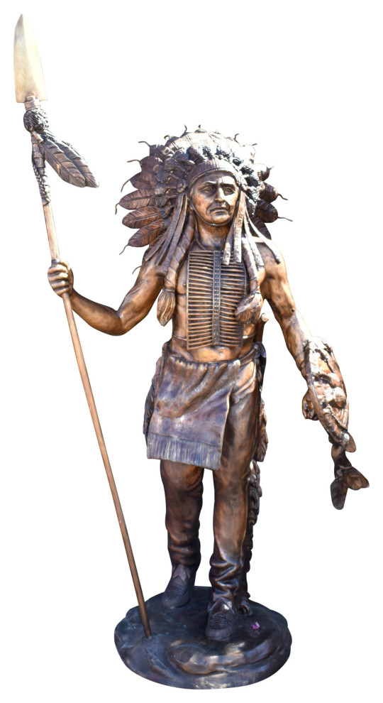 Indian Chief Brown Patina Detailed Bronze Statue Size: 50" x 36" x 95"H ...