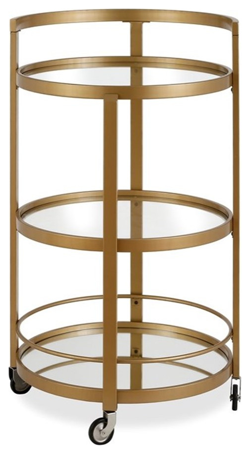 Maklaine Contemporary 21" Glam Mirrored Glass Round Bar Cart in Brass ...
