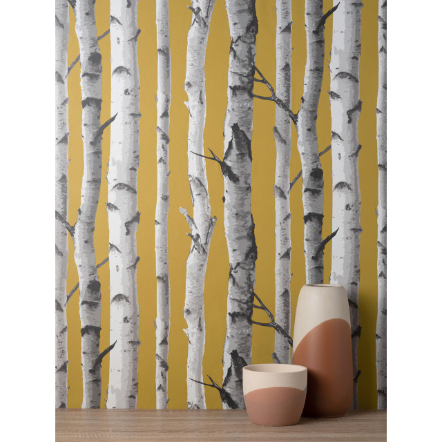 Chester Mustard Birch Trees Wallpaper, Swatch - Rustic - Wallpaper - by ...