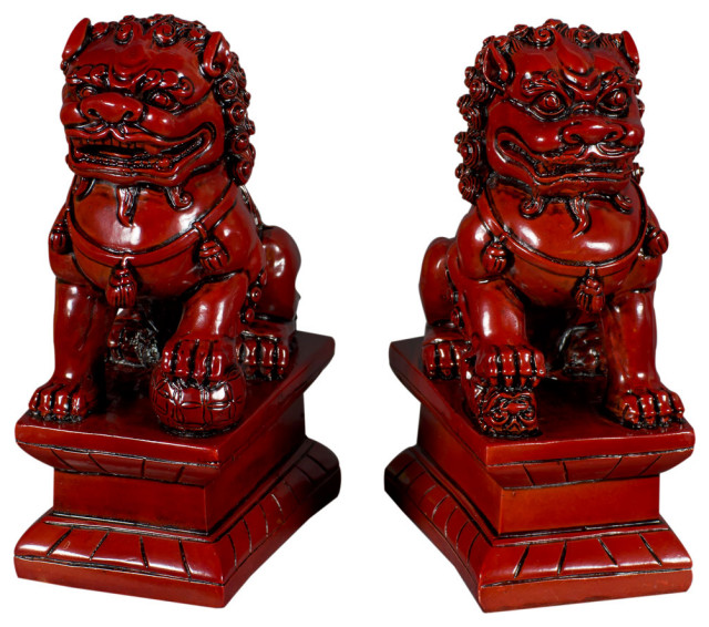Distressed Red Resin Chinese Foo Dog Statue Set - Asian - Decorative ...