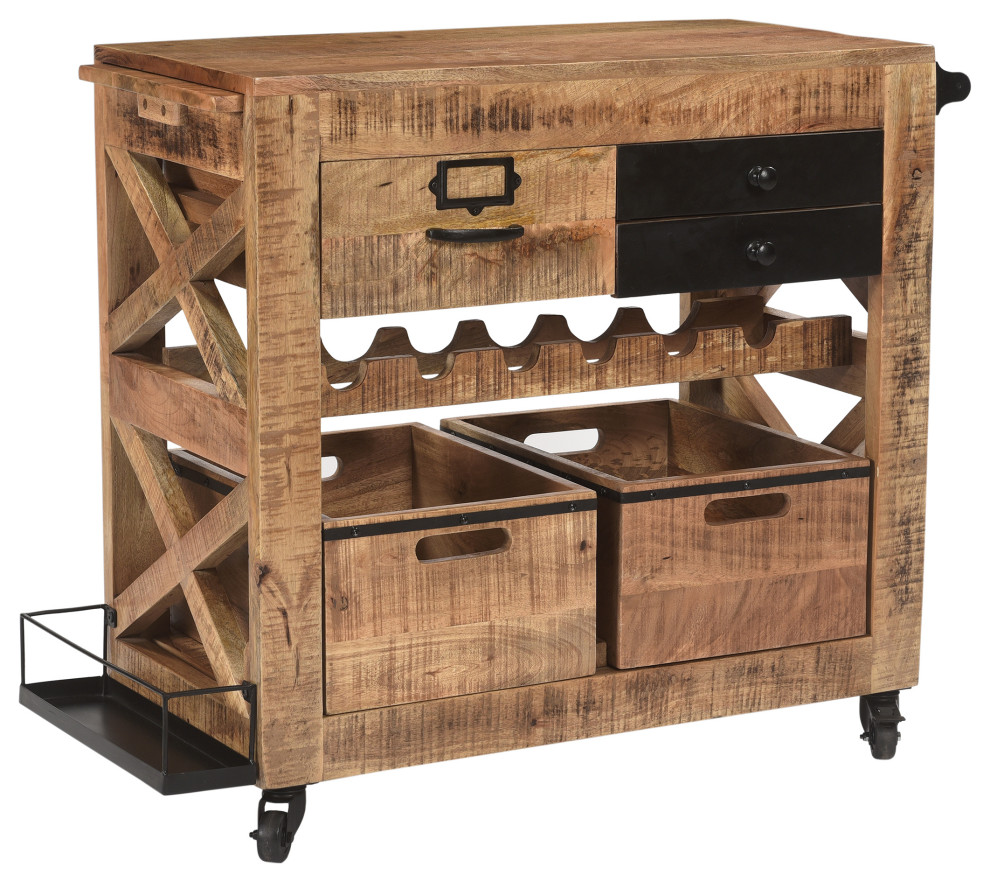 Benzara UPT-276564 Rustic Mango Wood Bar Cart Trolly With Wine Bottle ...