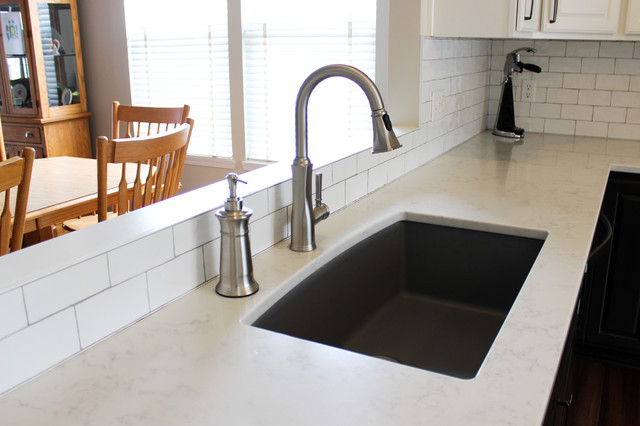 White Kitchen with White Subway Tile and Eternia Quartz Countertop ...