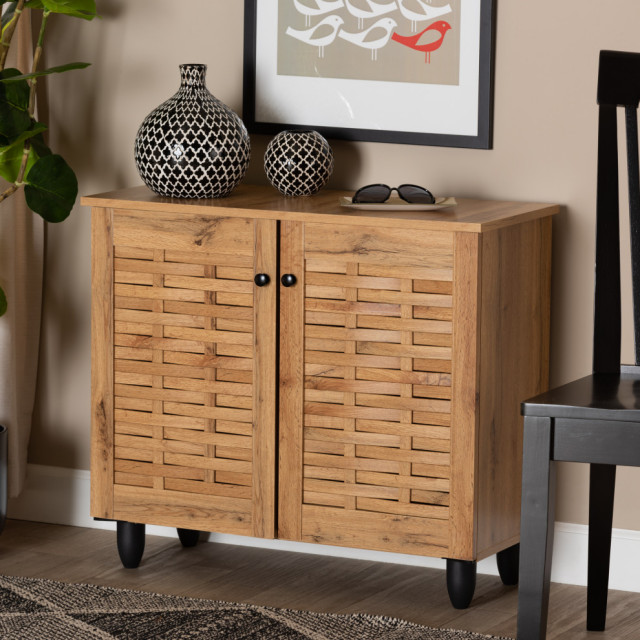 Winda Modern Contemporary Oak Effect 2-Door Shoe Cabinet - Industrial ...