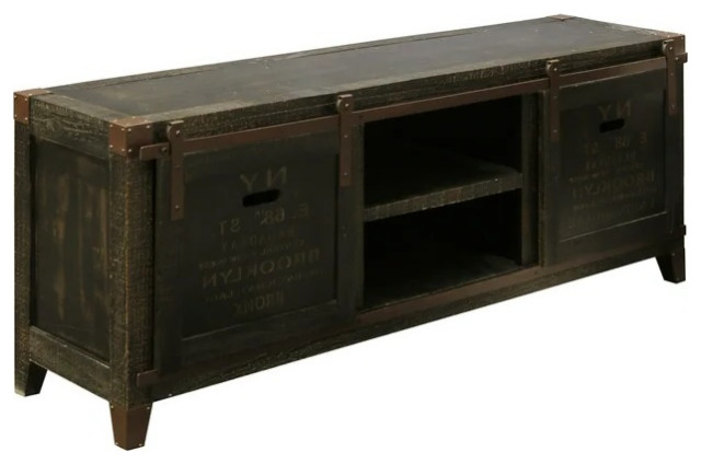 Vintage Rustic TV-Media Cabinet with Sliding Doors and NYC Print ...