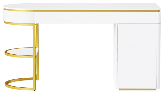 White Curved Computer Desk, Home Office Desk with 1 Storage Cabinet ...