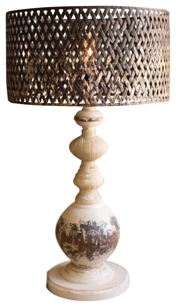 Rustic White Wash Turned Base Round Base Table Lamp Woven Metal Shade ...