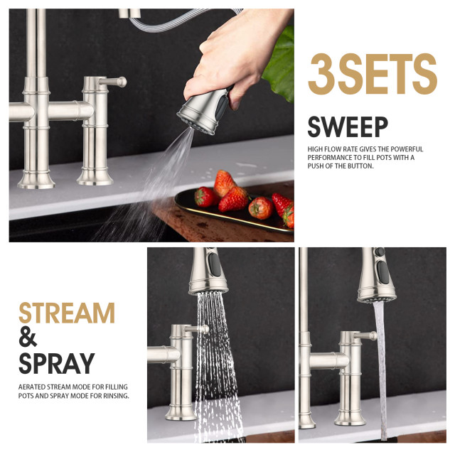 Traditional Double Handle Bridge Kitchen Faucet with Pull-Down ...