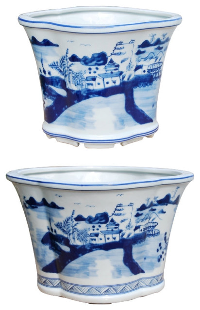 Set of 2, Blue and White Blue Willow Cache Pot - Indoor Pots And ...