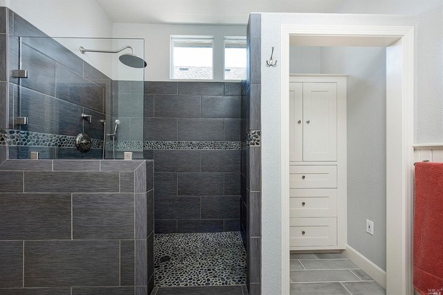 12x12 Glazed Charcoal Black Pebble Tile, Mesh Backing for Shower ...