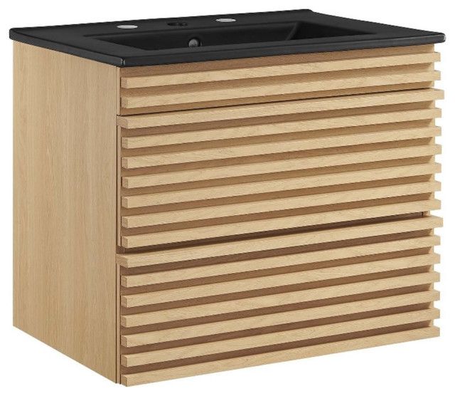 Modway Render 24" MDF Wood Wall-Mount Bathroom Vanity in Oak/Black ...