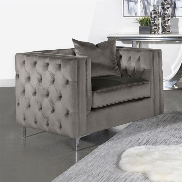 Coaster Phoebe Velvet Upholstered Tufted Tuxedo Arms Chair Urban Bronze ...